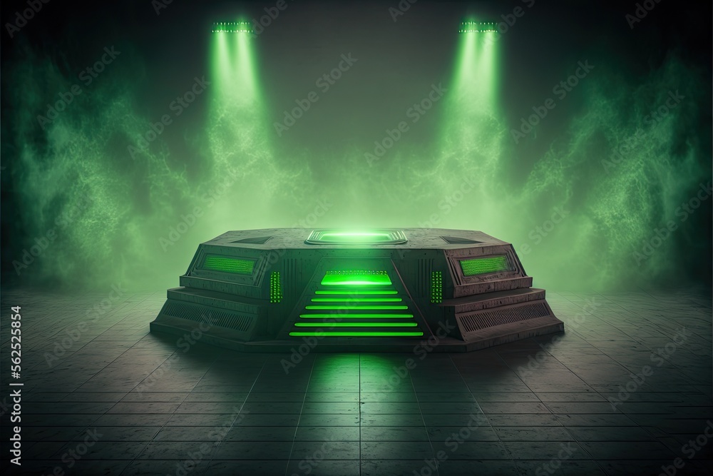 green futuristic empty podium stage with Smoke and neon light ...