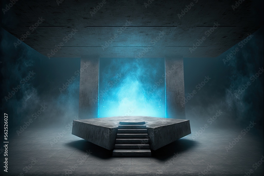 Blue futuristic empty podium stage with Smoke and neon light generative ...