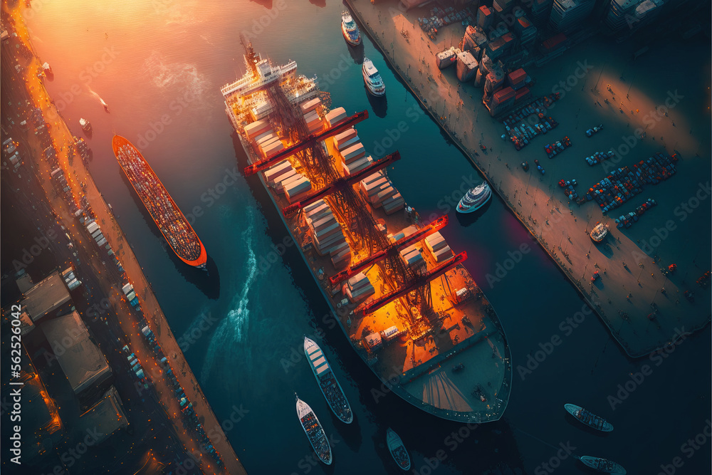Top-down view of a large cargo ship at a shipping port with cranes ...