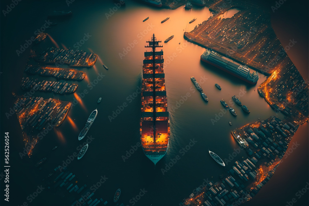 Top-down view of a large cargo ship at a shipping port with cranes ...