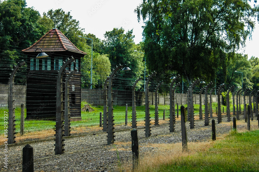 Watchtower and fence made of electric wire in the Auschwitz camp ...