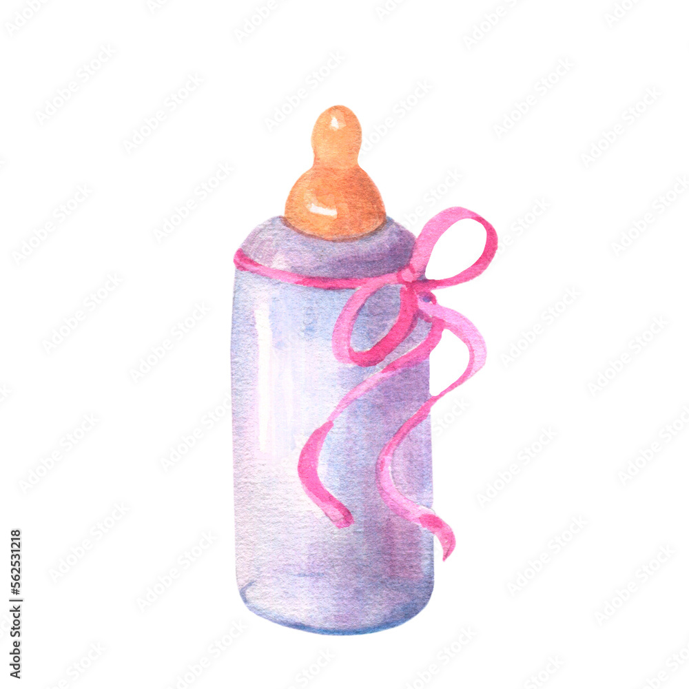 Watercolour baby bottle illustration isolated. Hand drawn children ...