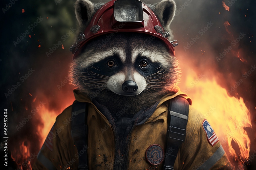 raccoon Wears fireman suit, background Cinematic landscape ...
