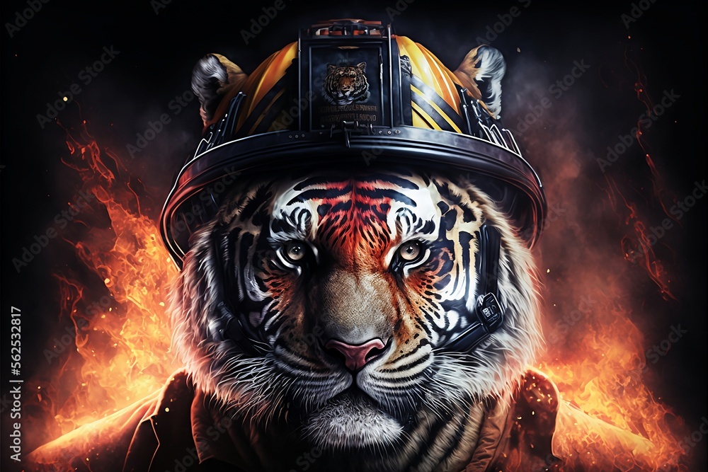 tiger Wears fireman suit, background Cinematic landscape ...