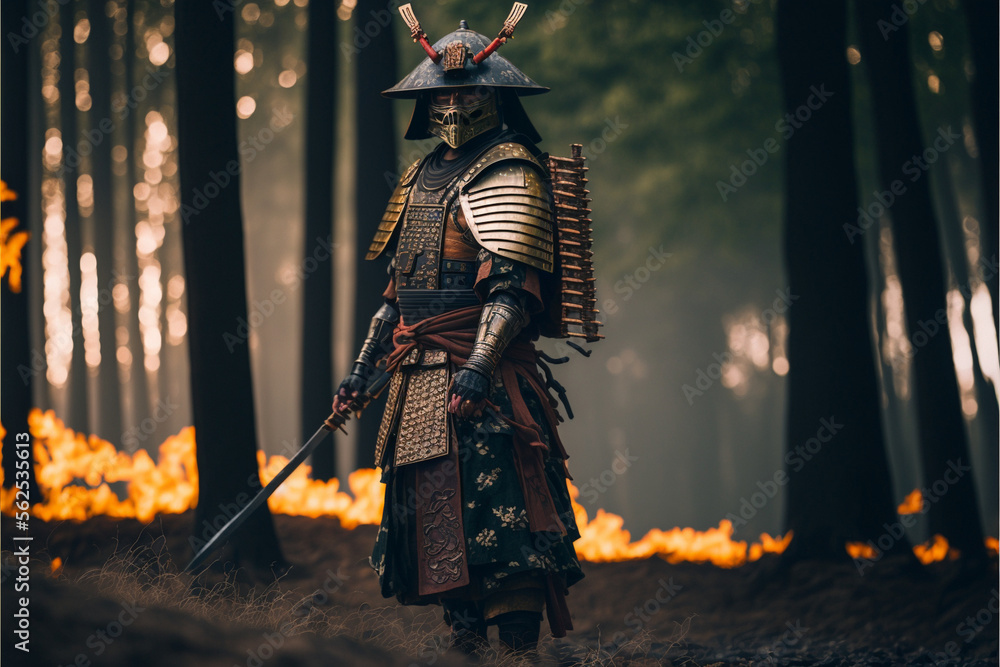 Samurai in traditional armor in the forest, Japanese warrior portrait ...