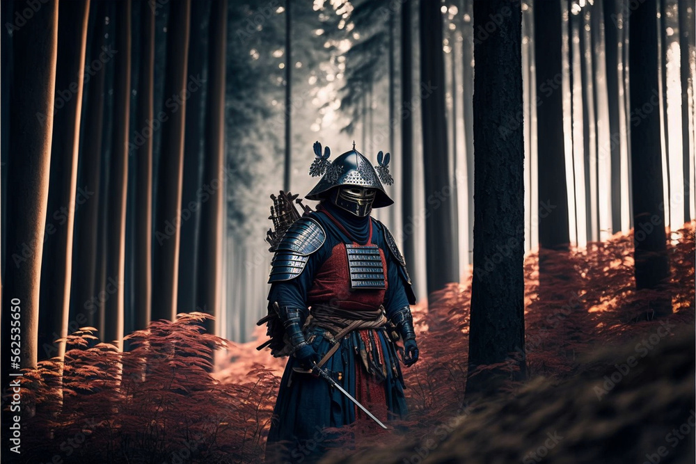 Samurai in armor on the background of the forest, Japanese medieval ...