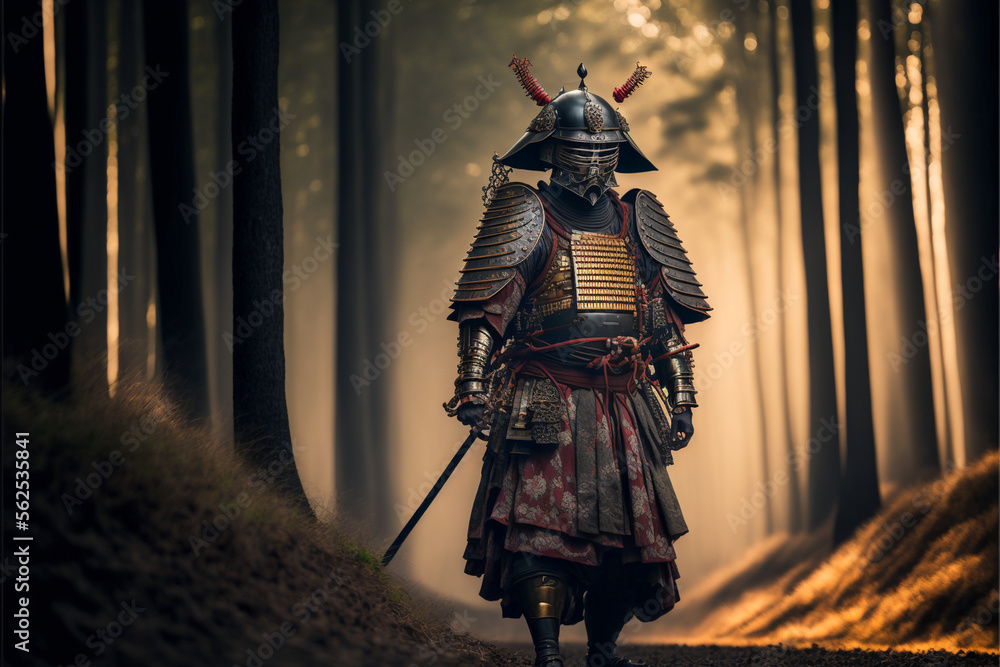 Samurai in traditional armor in the forest, Japanese warrior, ai ...