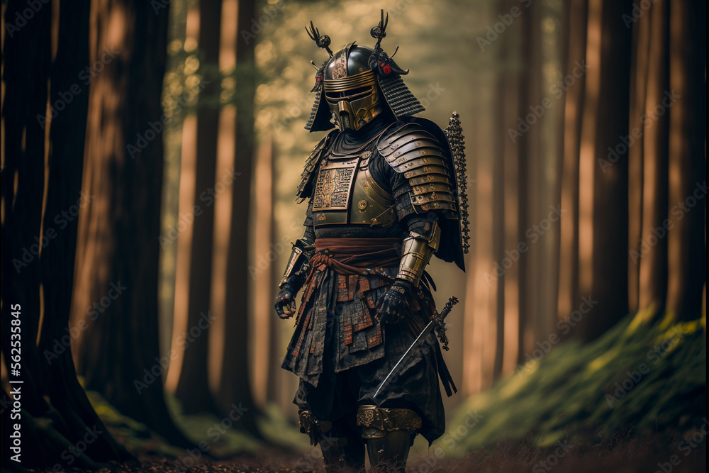 Samurai in traditional armor in the forest, Japanese warrior portrait ...