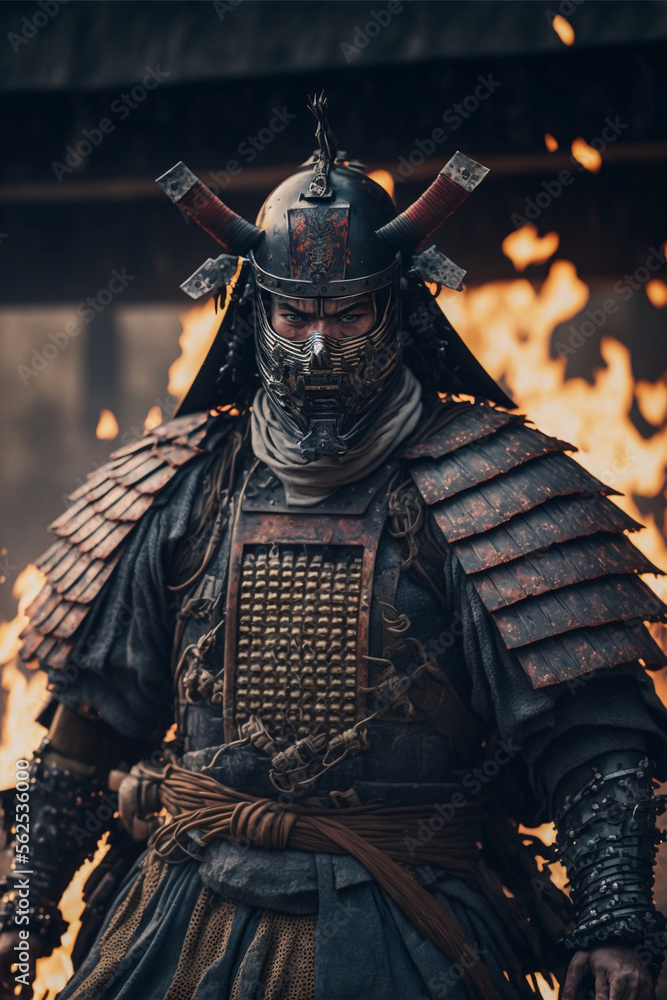 Samurai in a helmet and mask against the background of a burning ruined ...