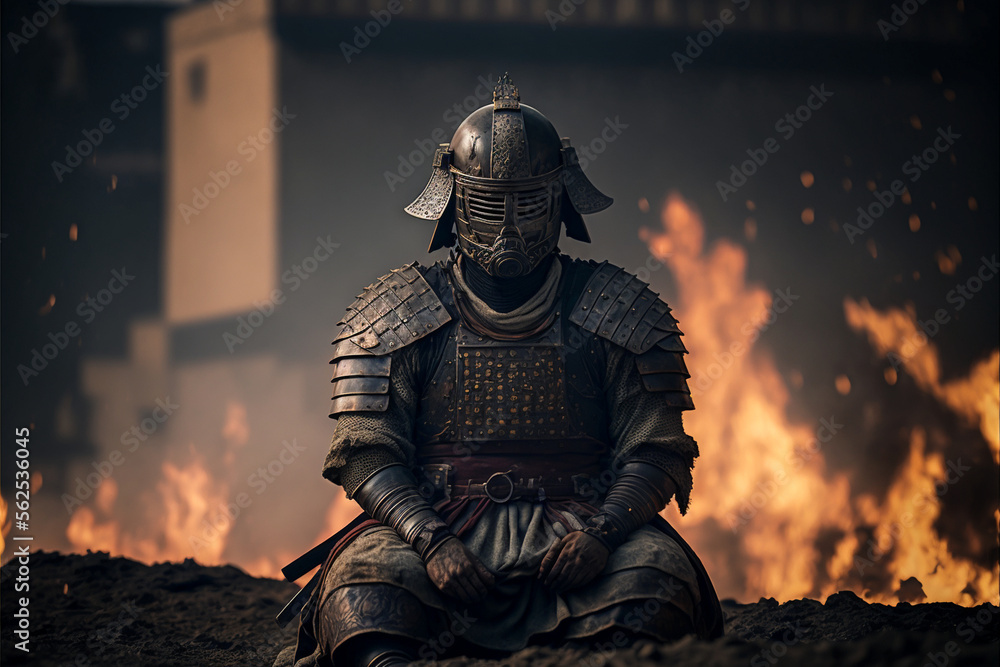 Exhausted samurai in armor, after the battle, fell to his knees ...