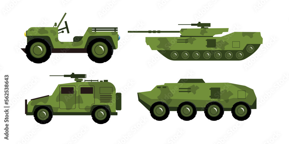 Set of modern military equipment in cartoon style. Vector illustration ...