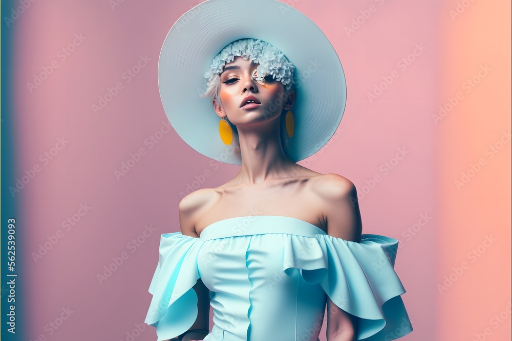 Fashionable female model wearing a beautiful trendy blue pastel color ...