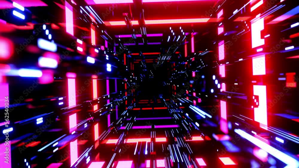 flight through hi-tech technology tunnel with camera shake. Neon light ...