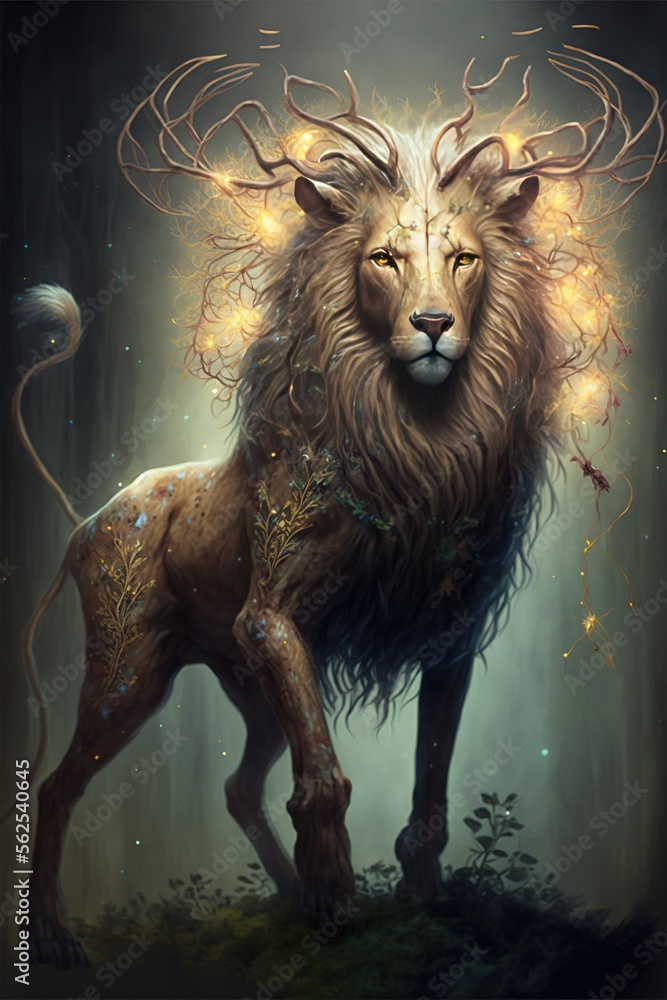 Mythical fantasy animal, lion with dear horns, generative ai Stock ...