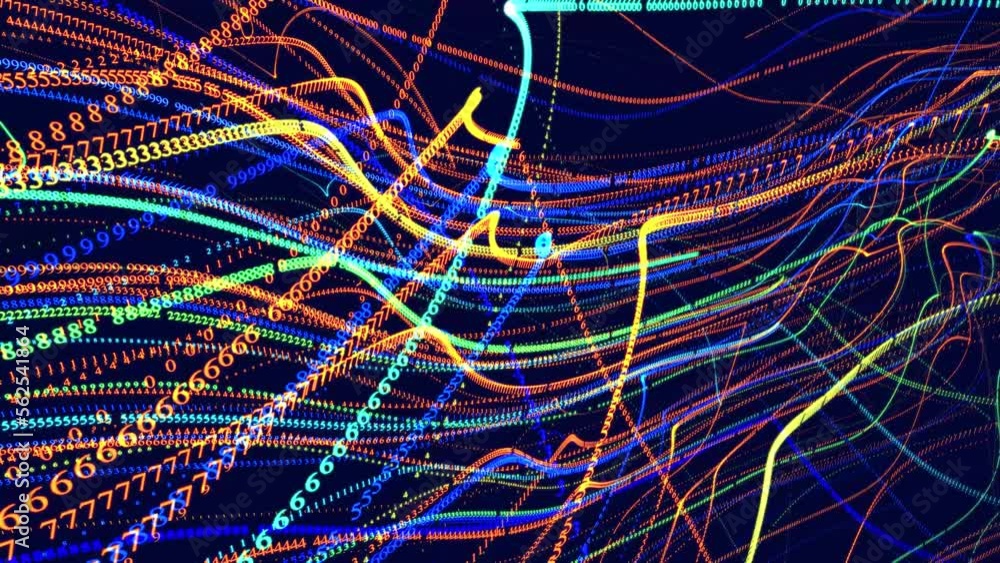 digital waves. Vj loop hologram abstract bg. Symbols form lines, grid, strings. Information ...