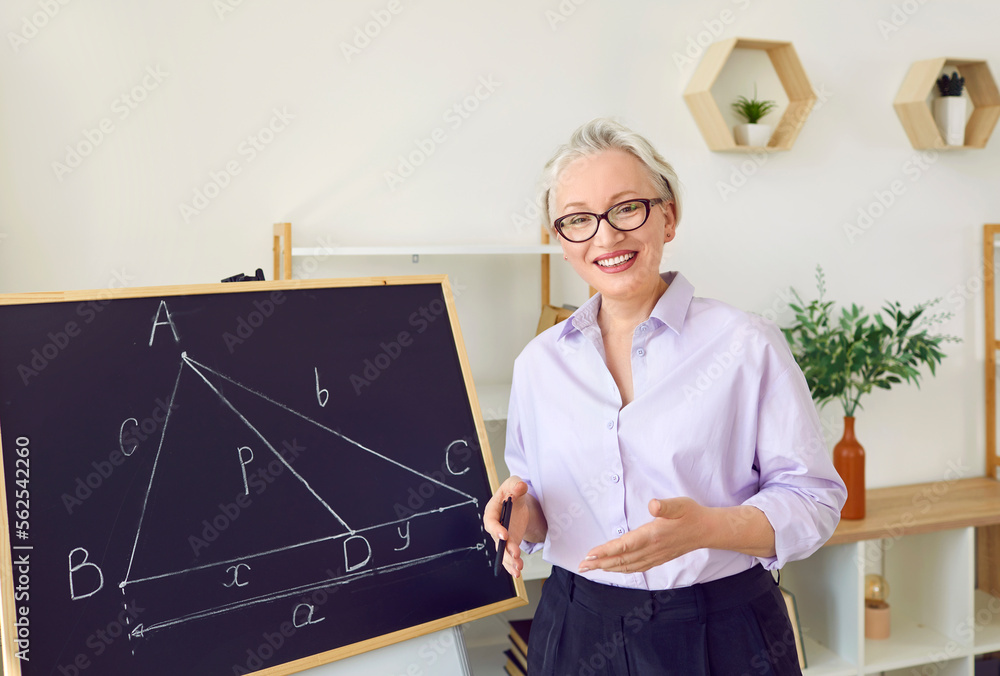Portrait of a happy math teacher in the school classroom. Beautiful ...