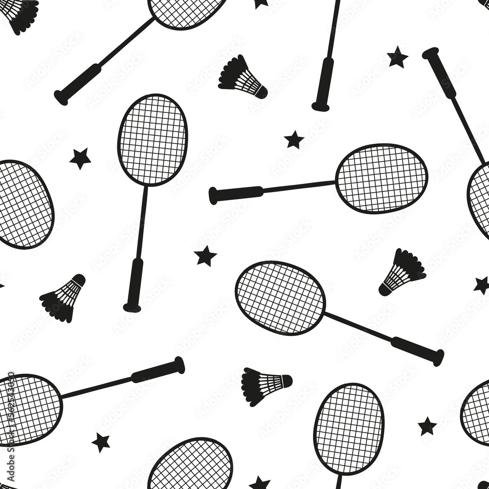 Seamless badminton pattern with rackets and shuttlecocks. Vector black ...