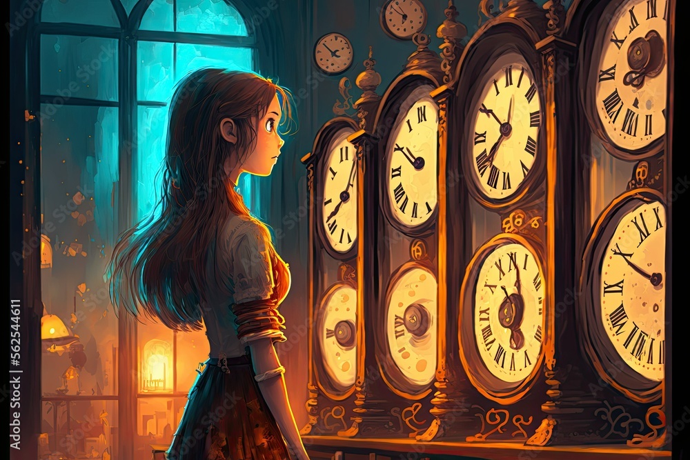 the young girl standing and looking at the clocks that melted into ...