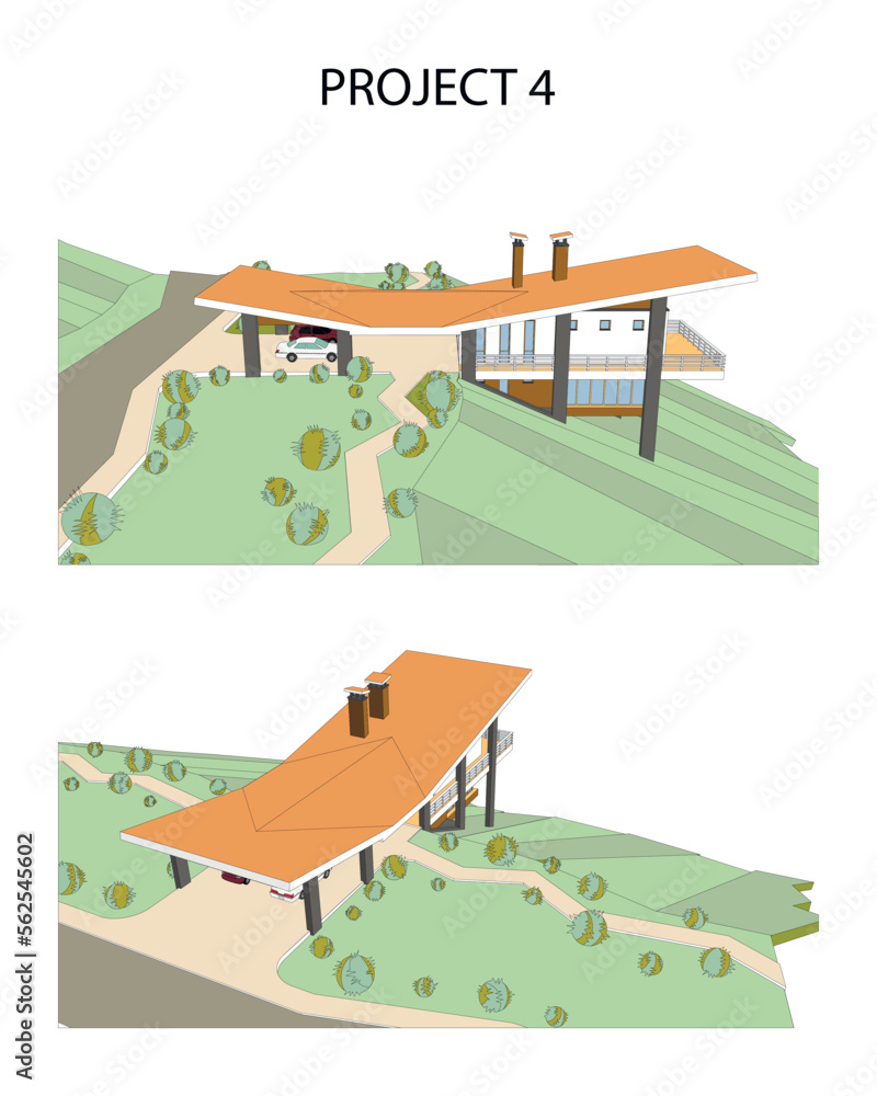 Vector architectural project of a two storey building with a landscape ...