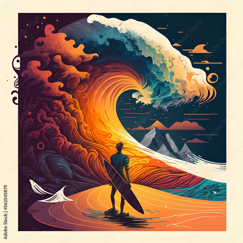 The painting shows a futuristic surfer on an advanced board, with ...