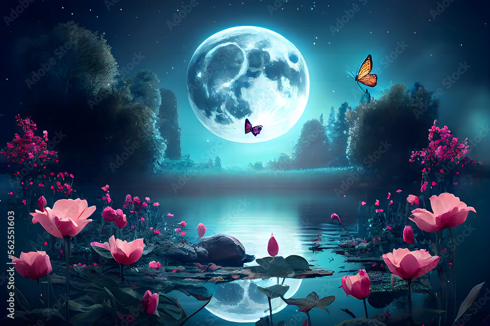 Fantasy magical enchanted fabulous fairy tale landscape with forest lake blooming pink rose ...