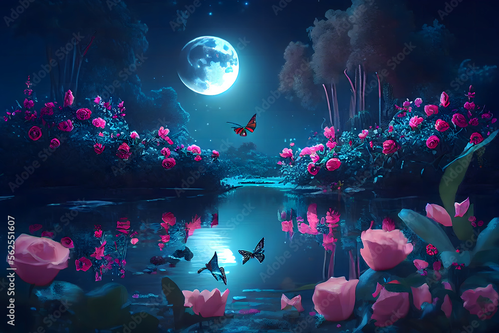 Fantasy magical enchanted fabulous fairy tale landscape with forest lake blooming pink rose ...