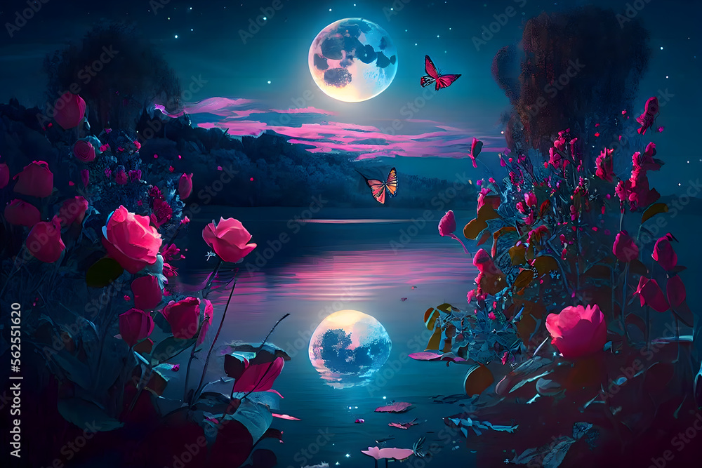 Fantasy magical enchanted fabulous fairy tale landscape with forest lake blooming pink rose ...