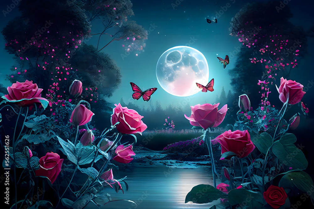 Fantasy magical enchanted fabulous fairy tale landscape with forest lake blooming pink rose ...