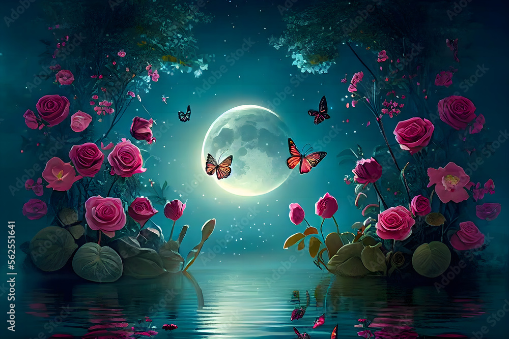 Fantasy magical enchanted fabulous fairy tale landscape with forest lake blooming pink rose ...