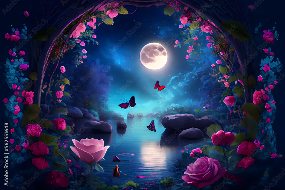 Fantasy magical enchanted fabulous fairy tale landscape with forest lake blooming pink rose ...