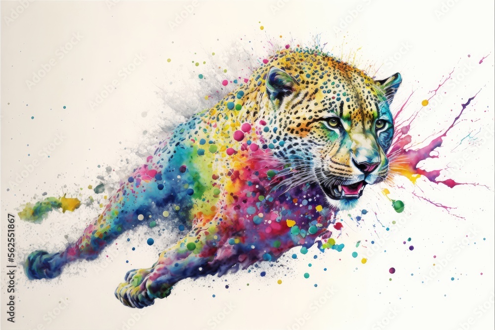Watercolor Painting of a Colorful Bright Rainbow Jaguar on White Textured Paper, Paint exploding ...