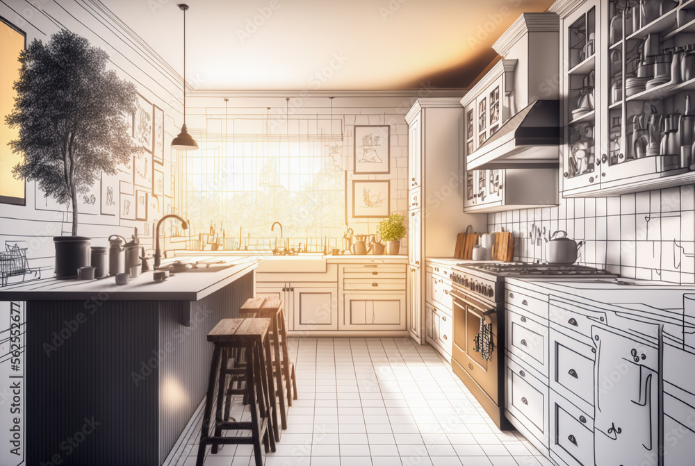 Architectural Rough Exploration Drawing of a Custom Kitchen Interior ...
