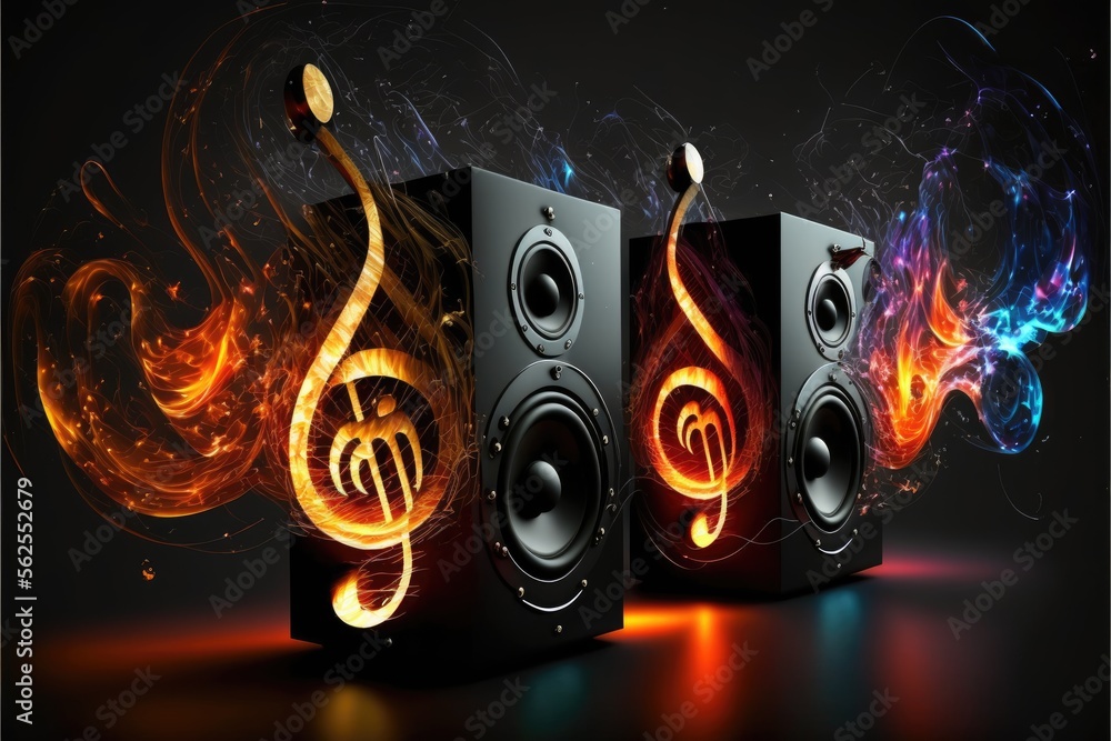 Dancing music notes music sound loudspeakers photorealistic 8K desktop ...