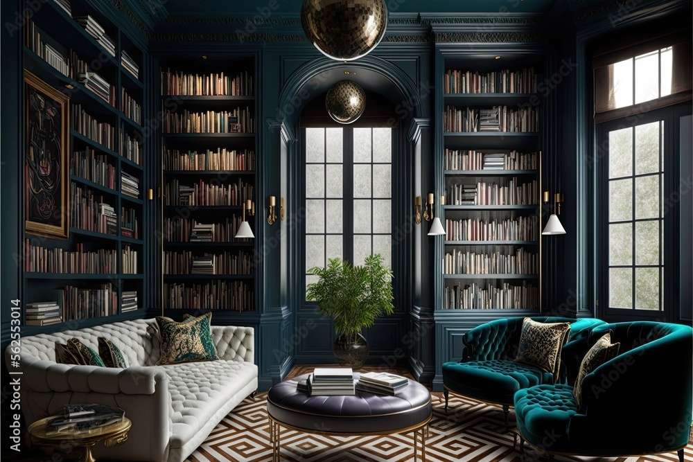 Glamorous and sophisticated home library with floor-to-ceiling bookshelves generative ai Stock ...