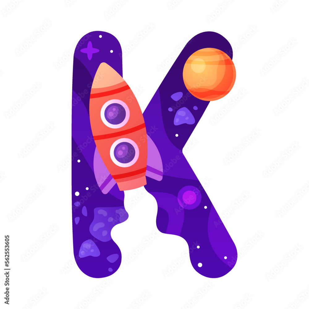 Space Letter K as Font and Alphabet Capital Bold Figure with Rocket ...