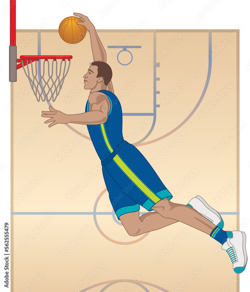 basketball player male jumping for a slam dunk with basketball court in ...