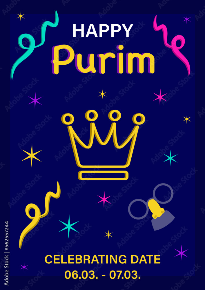 Purim party poster with crown and funny mustache mask, text, confetti ...