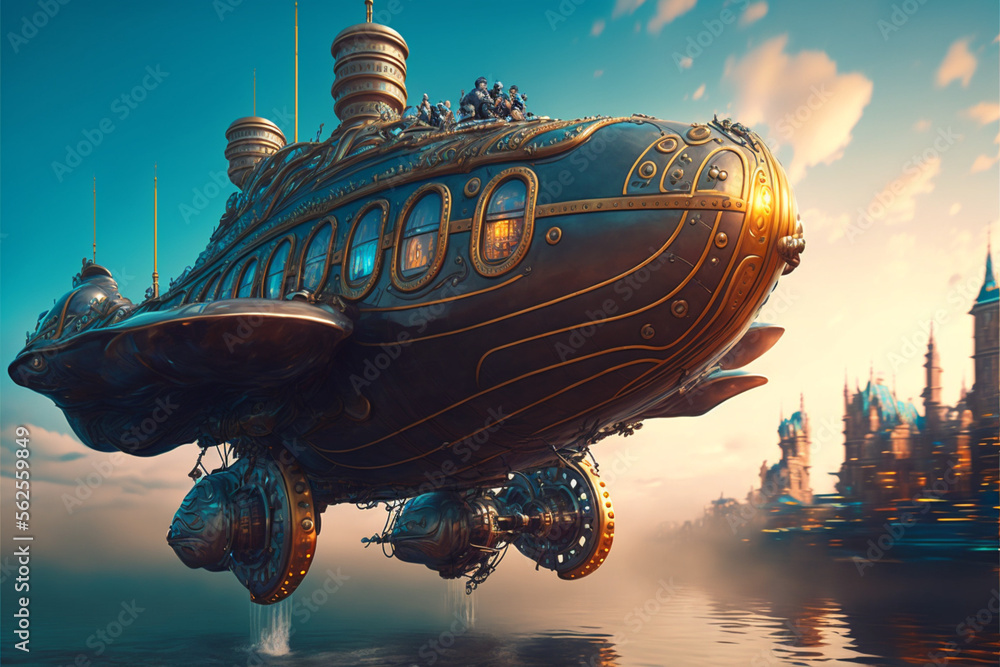 Concept of a large flying machine sailing in the sea in steampunk style ...