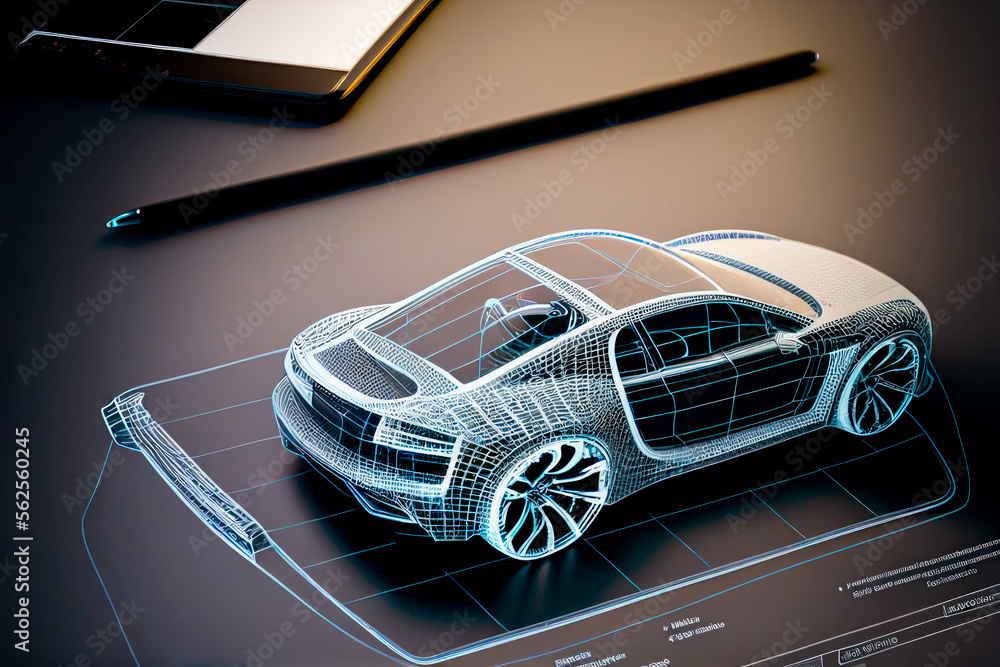 Car design using holographic app in digital tablet. Develop modern ...