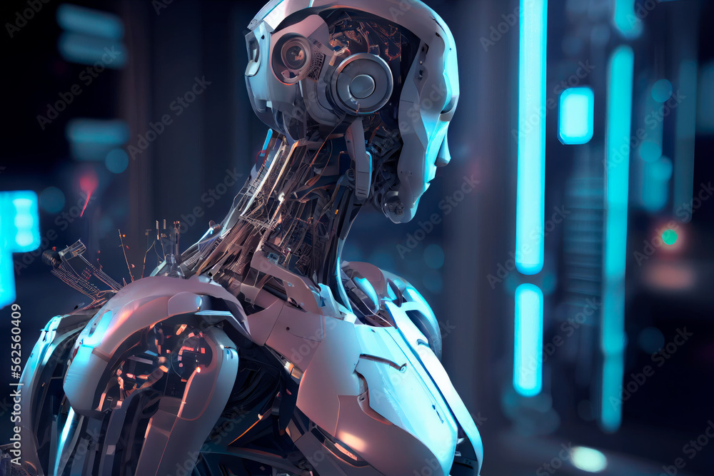 Profile of robot or humanoid cyborg with a lot of microchips in his ...