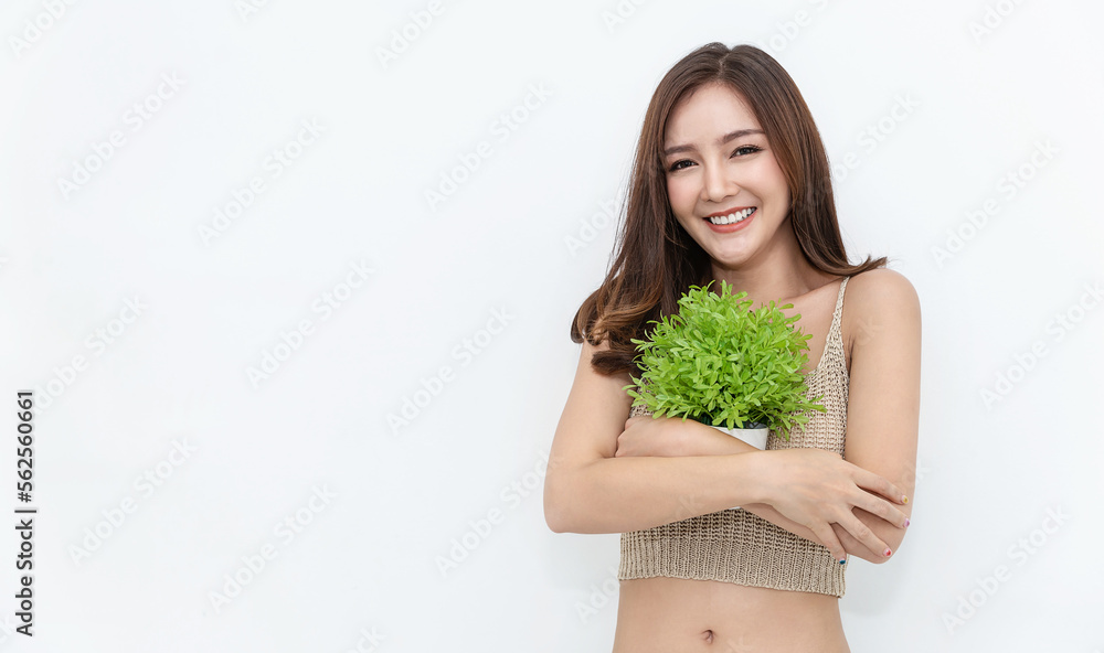 Portrait of young sexy asian korean woman slim fit body hand hold ...