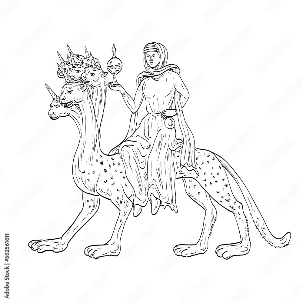 Line art drawing illustration of Babylon the Great, Mother of Harlots ...