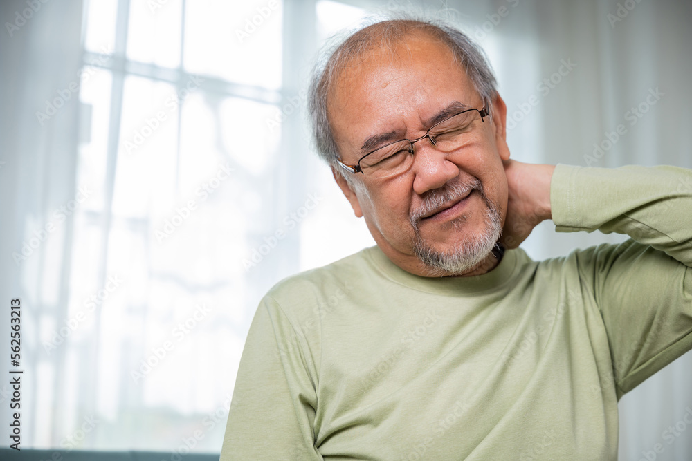 Old man suffering from nape neck pain at home, Elderly acute neckaches ...