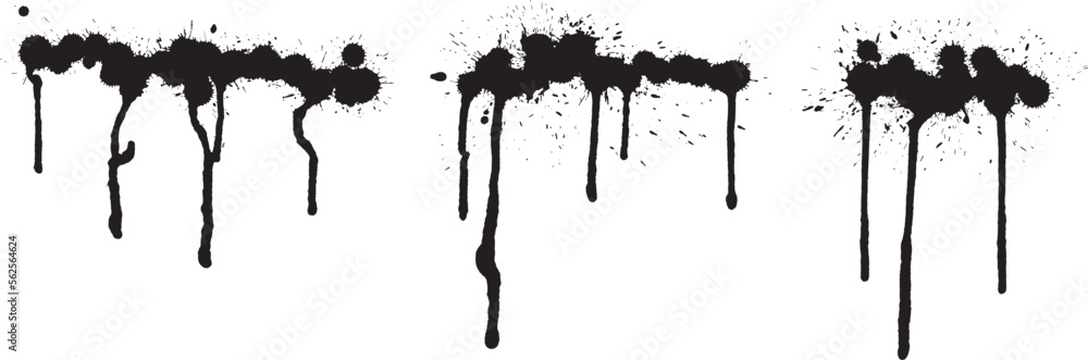Set of black realistic paint or ink shapes with smudges, blots and ...