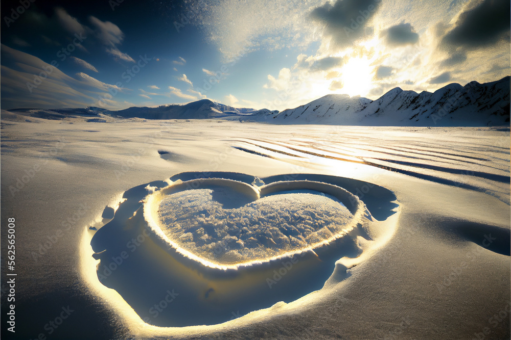 Beautiful heart made of snow on the snow field. Generative AI ...