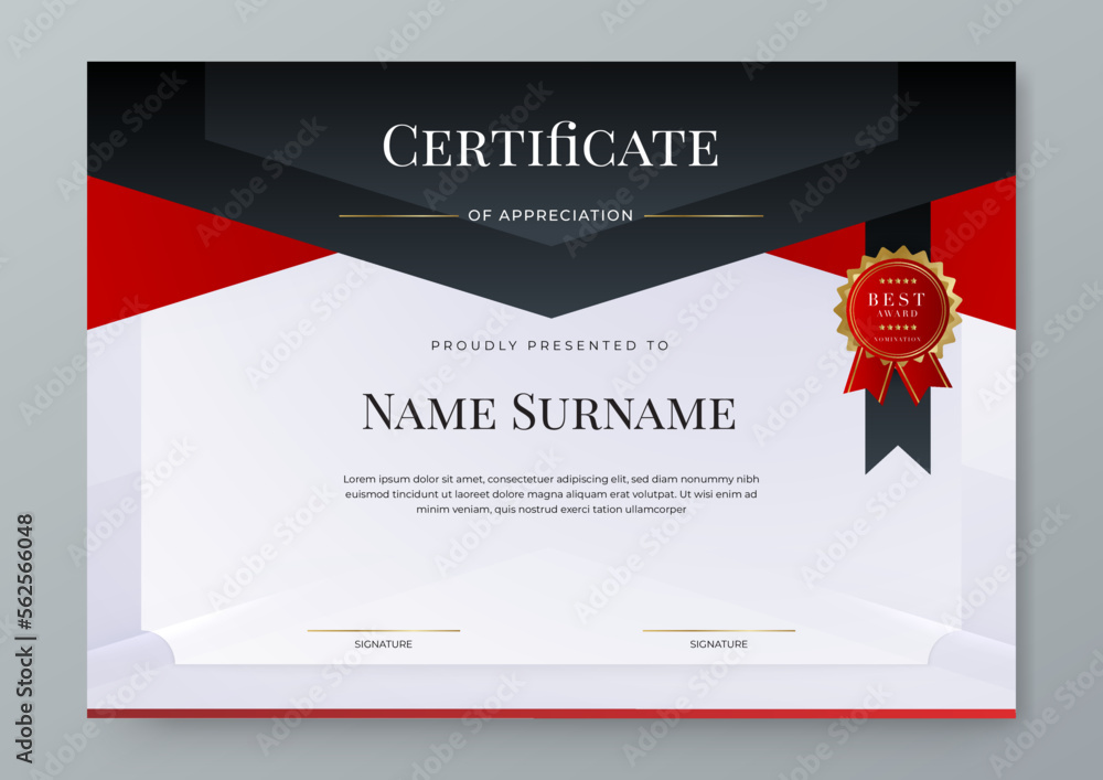 Modern premium award abstract black and red certificate design template ...