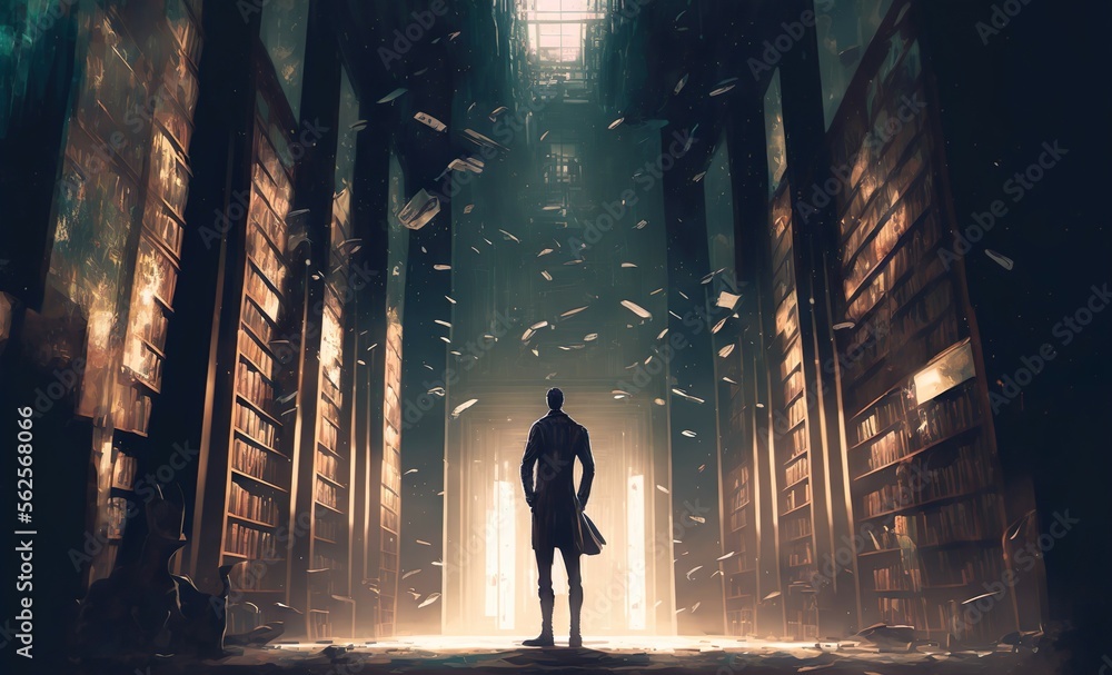 Digital Painting of A Man Standing in a Mysterious Library Generative ...