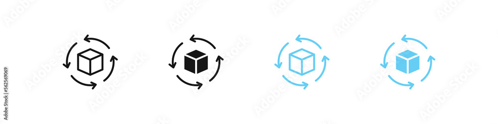 Rotate cube icon. Four arrows symbol. 360 rotate signs. Repeat reload ...