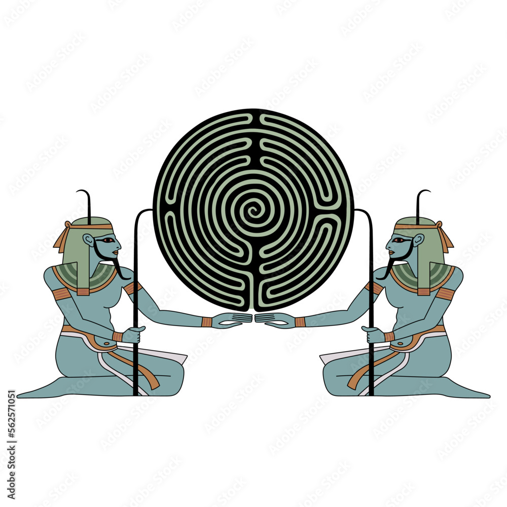 Two ancient Egyptian gods or pharaohs holding a round spiral maze or ...