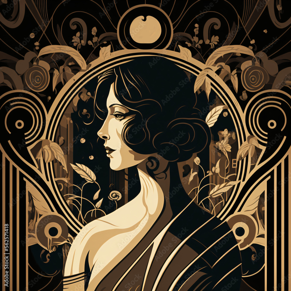 black and gold art deco illustration of a woman Generative Ai Stock ...